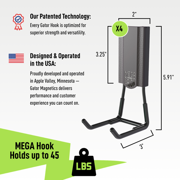 3" MEGA Open Heavy Duty Magnetic Hook 4-Pack - Holds 45 lbs